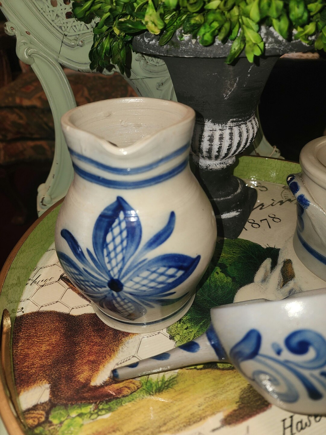 Vintage Handarbeit Germany Salt Glazed Cobalt Blue Pottery Pitcher 5 1/ ...