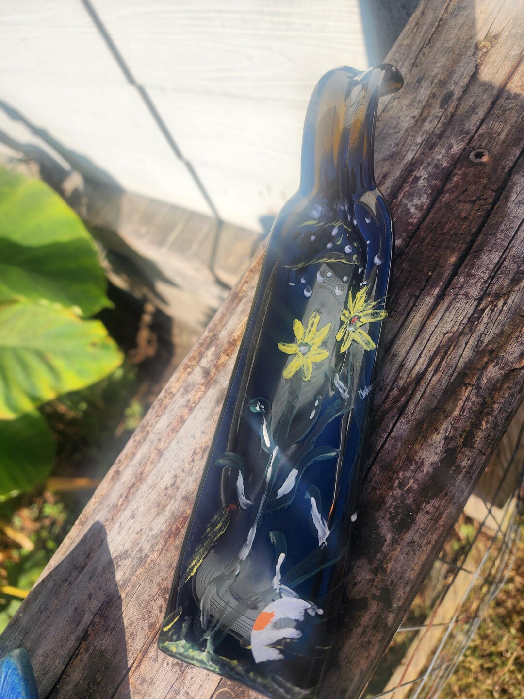 Glass Hand Painted Novelty Wine Bottle Spoon Rest / 13” L/ Flowers ...