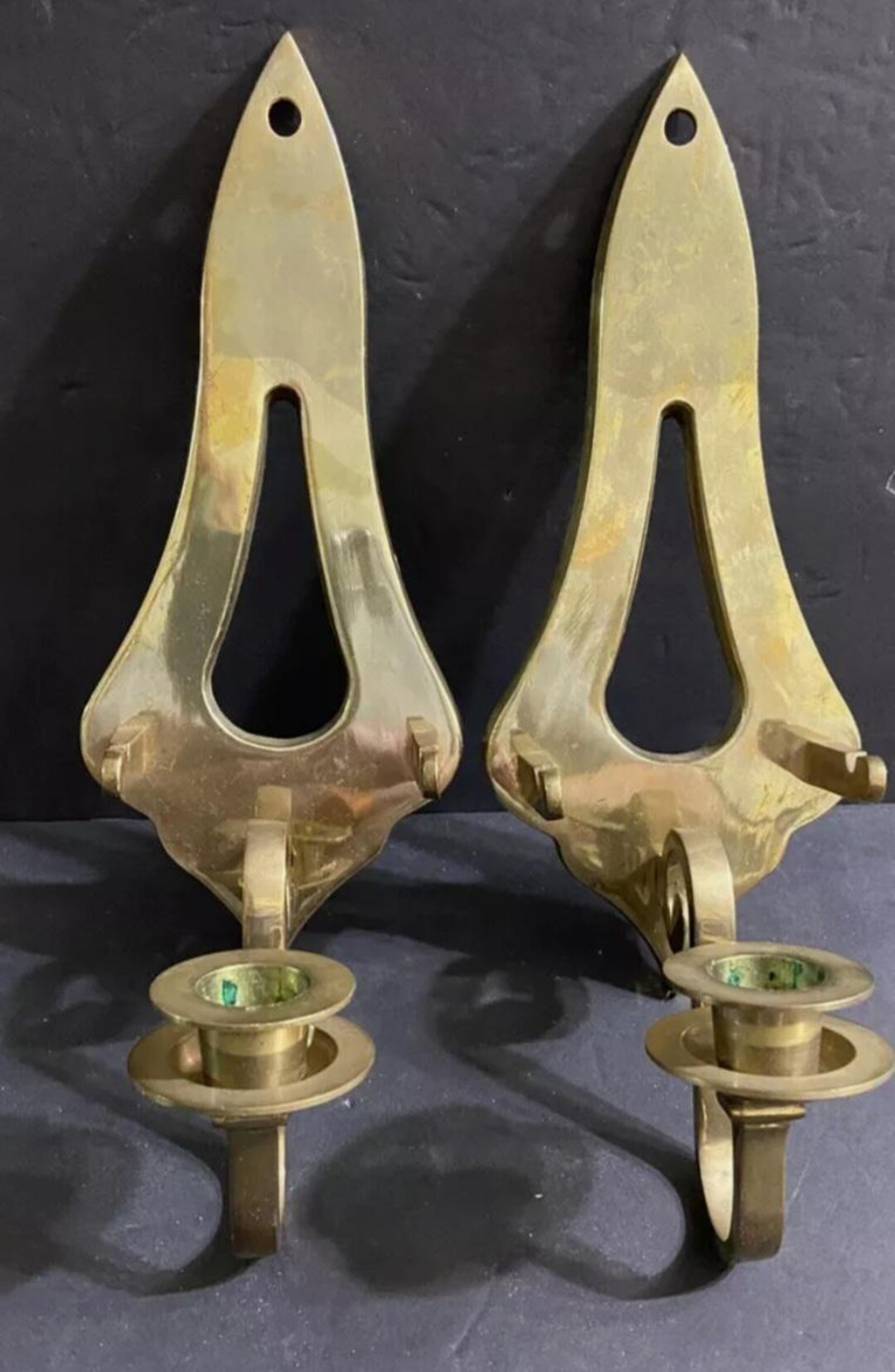 Vintage Pair of Solid Brass Wall Sconces Plate & Candle Holders 11 ...