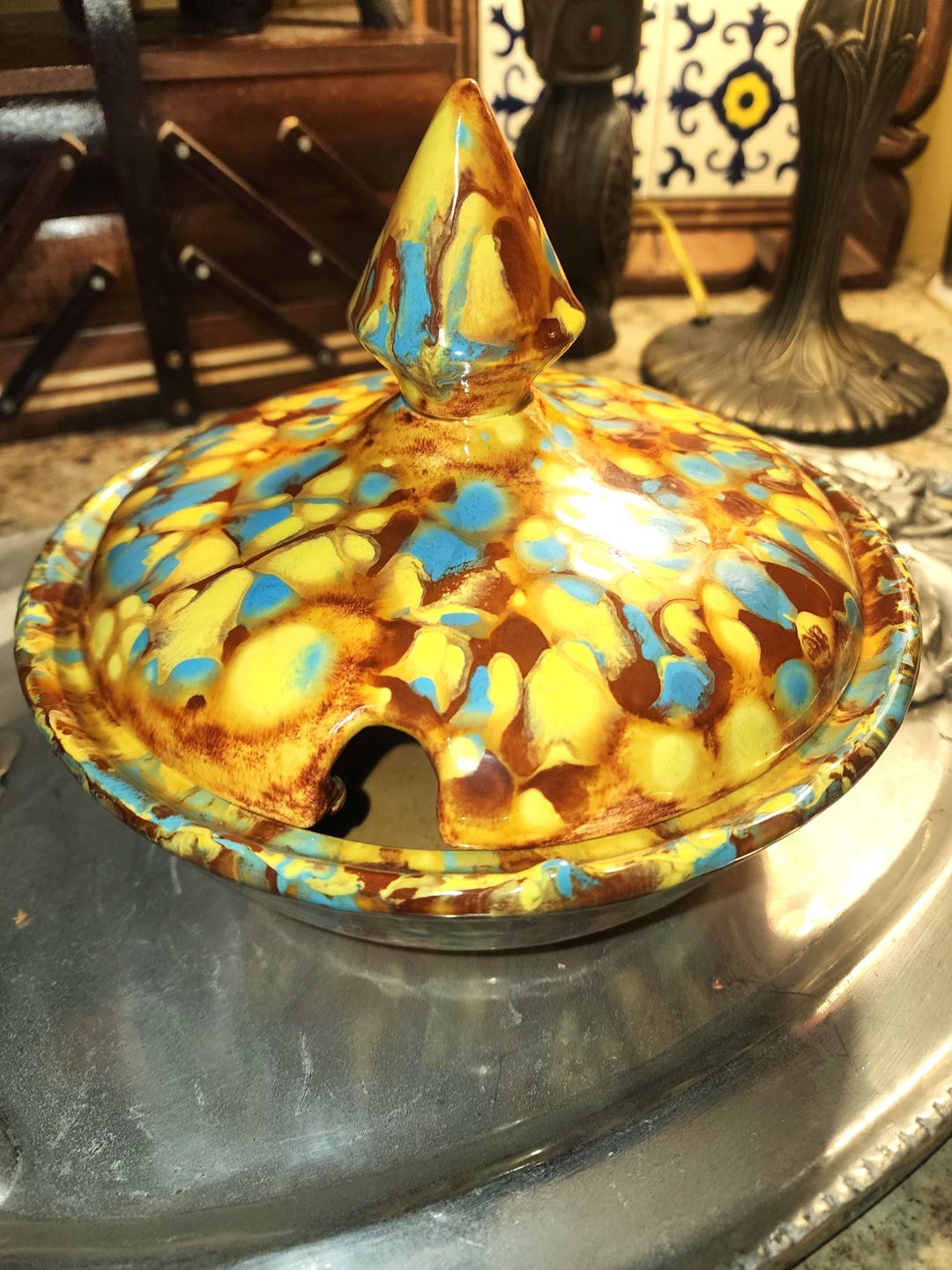 Vtg Ceramic Covered Dish Holland Mold Brown Gold Turquoise Glaze ...