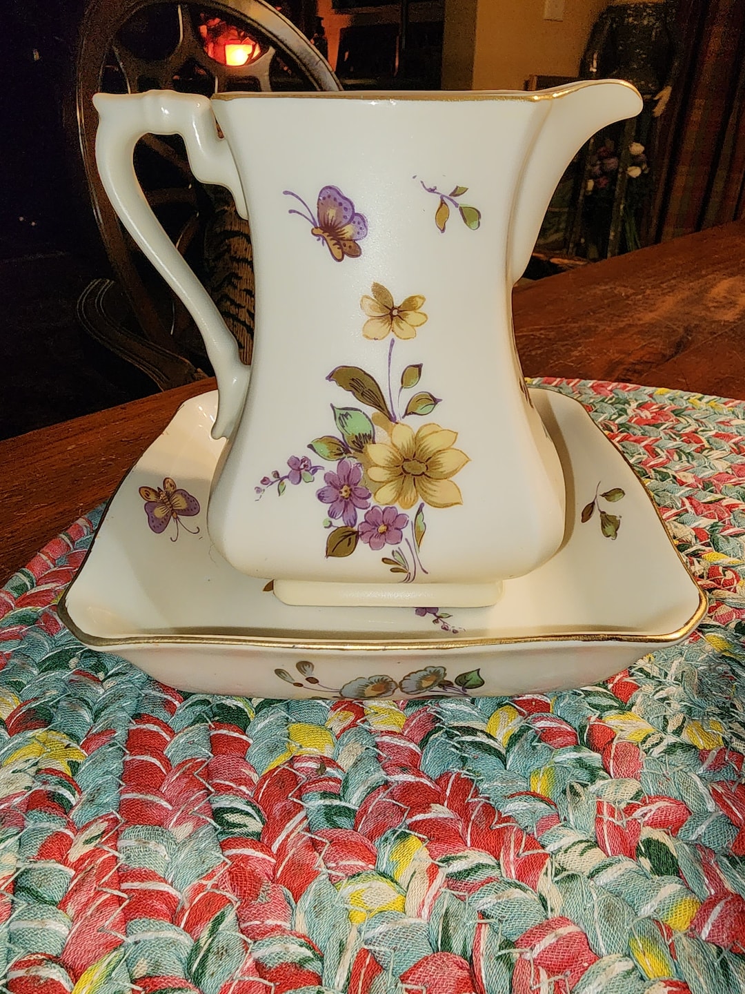 Lefton Hand Painted Small Pitcher and Bowl Floral With Butterfly's - Etsy