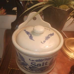 Large Antique Blue Onion Stoneware Salt Box Wall Mount Salt Bellar Salt ...