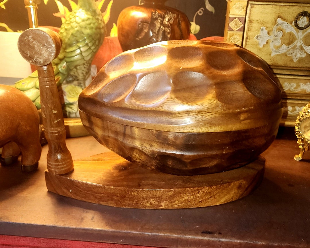 Vintage Beautiful Solid Wood Carved Walnut Shaped Hinged Nut Bowl W ...