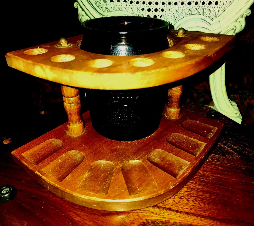 Unusual Mid-century Wood Corner Pipe Stand Withbrown Glass Humidor no ...