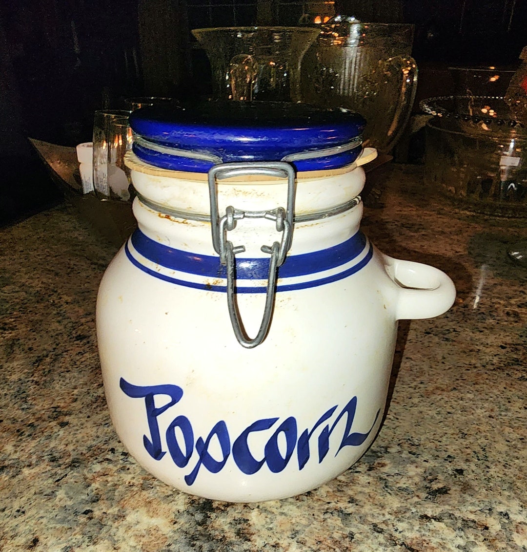 Ceramic Popcorn Canister With Hinged Lid Attached Blue and White - Etsy