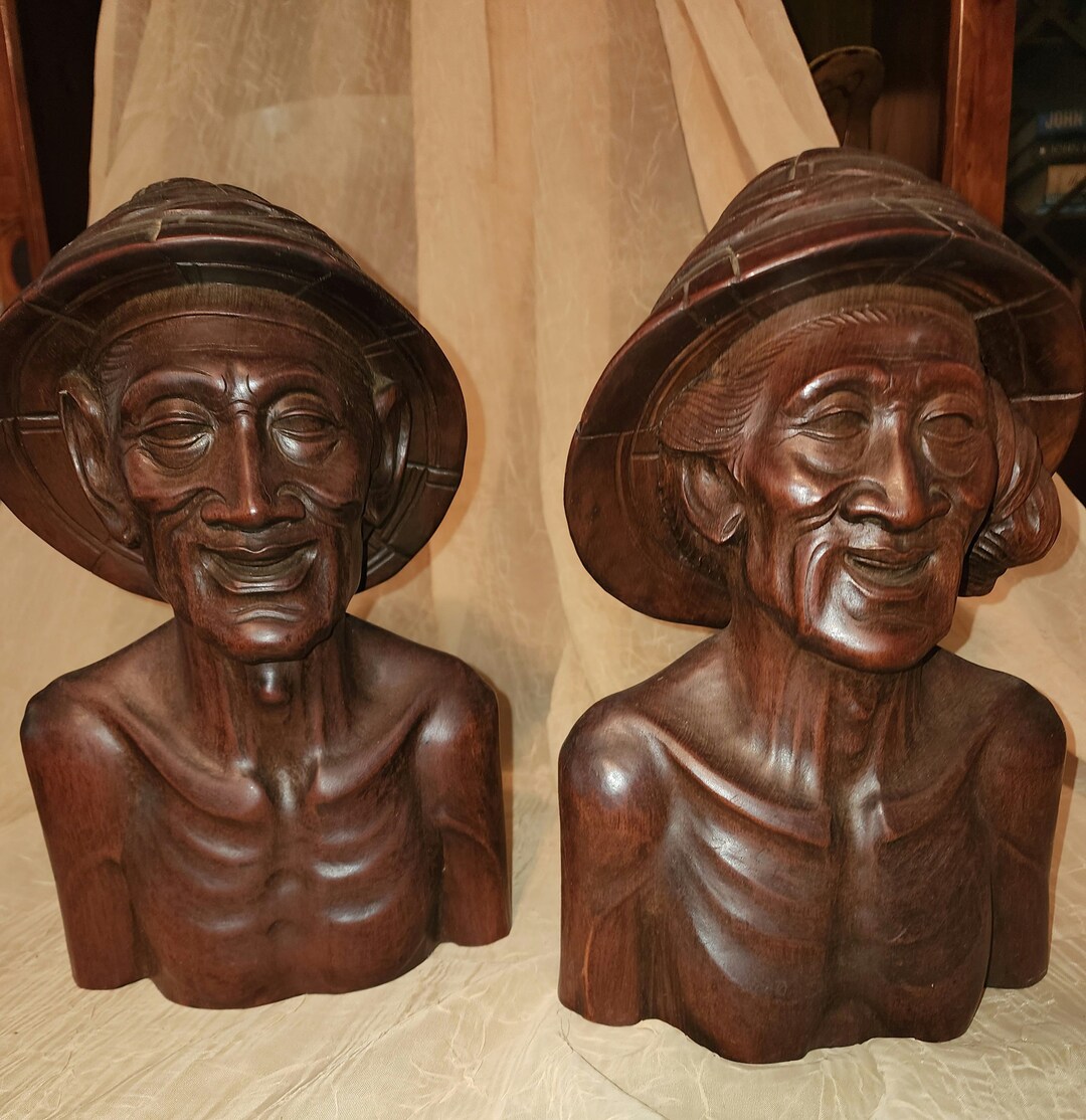 Vtg Bali Heavy Wood Carving Art Busts Pair of Fisherman and Woman 12" D ...