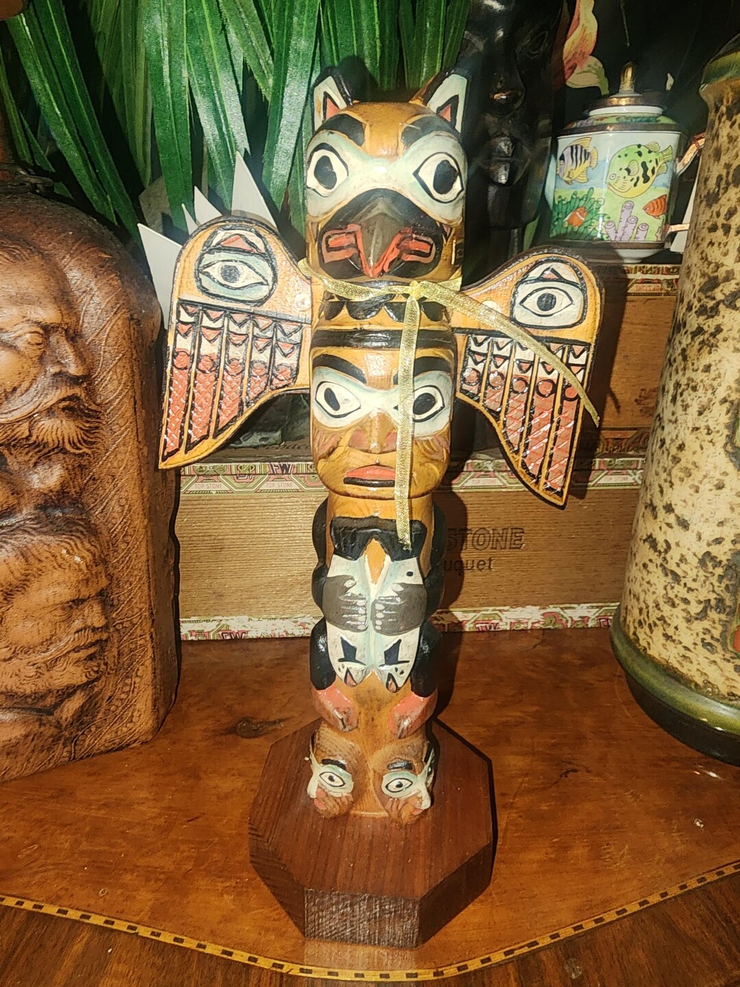 Inuit Eskimo Tribal Wood Totem Pole 10 3/4" Artist Signed Hard Carved ...