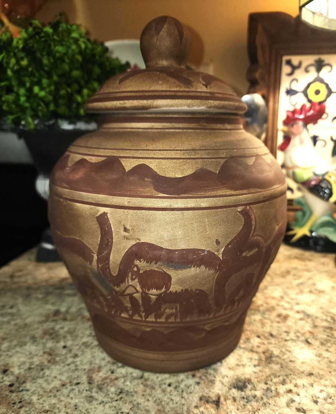 Clay Pottery Jar With Lid Elephants on Sides Stunning Lidded Canister ...