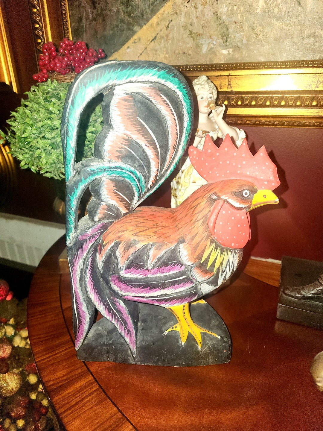 Vintage Rooster Wood Carved Hand Painted Rooster Retro Country ...