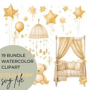 SVG Watercolor Gold Baby Shower Clipart Bundle of 19 Digital Download ...