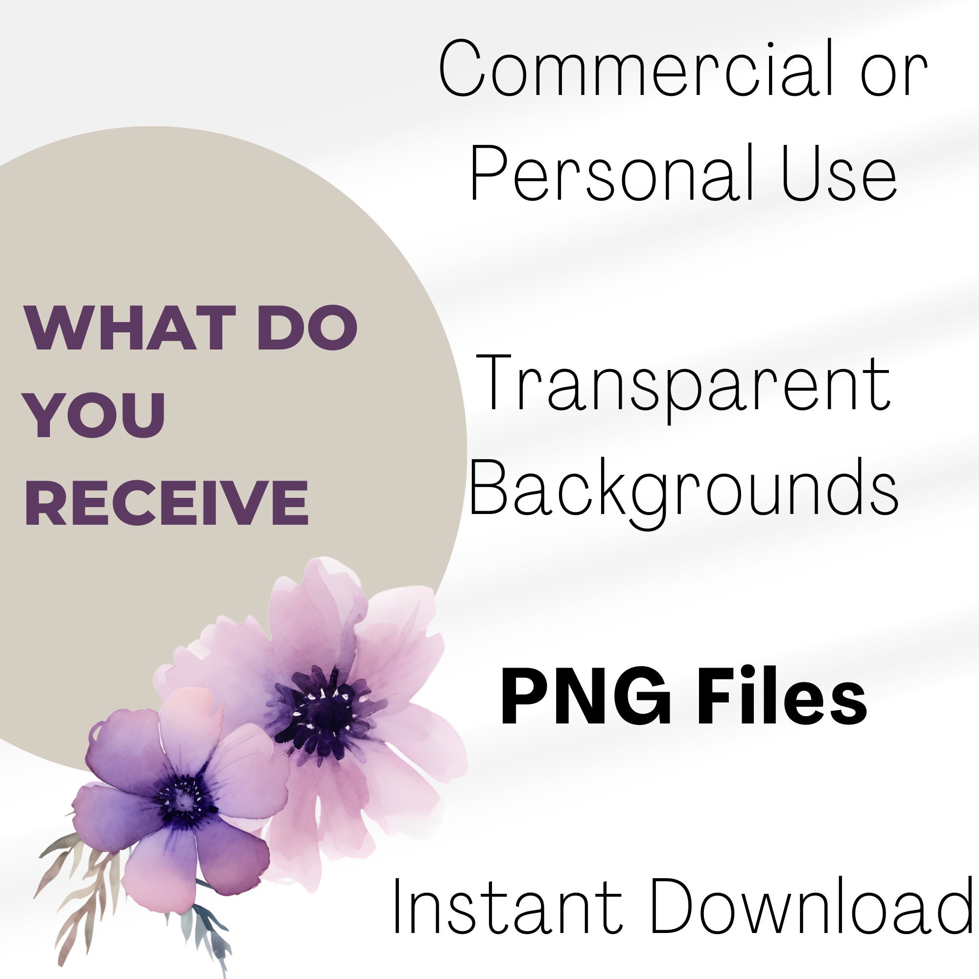 PNG Watercolor Dusty Purple Boho Flowers Clipart Bundle of 50 Digital ...