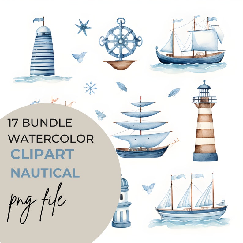 PNG Watercolor Nautical Ocean Clipart Bundle of 17 Digital Download PNG ...