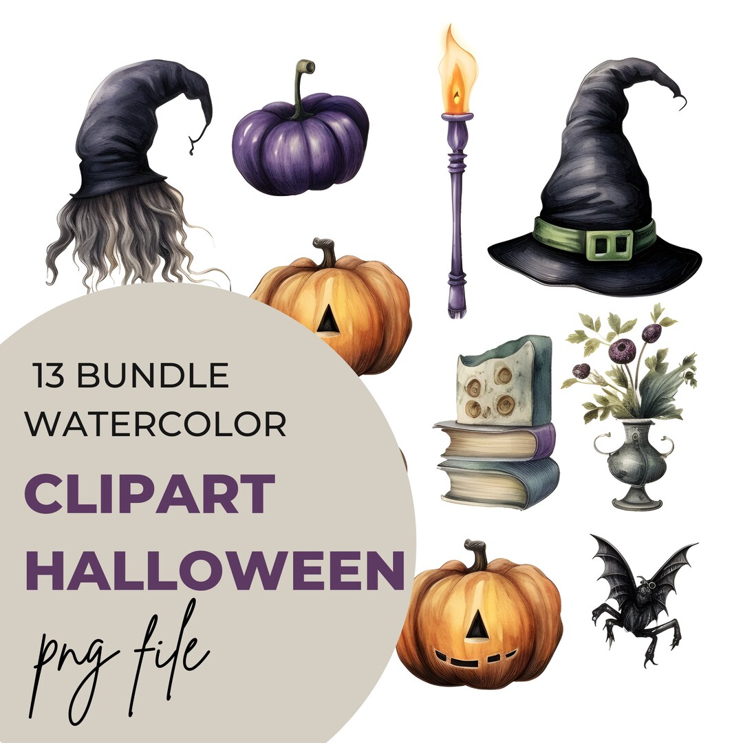 PNG Watercolor Halloween Clipart Bundle of 13 Pumpkin, Witch Hat ...