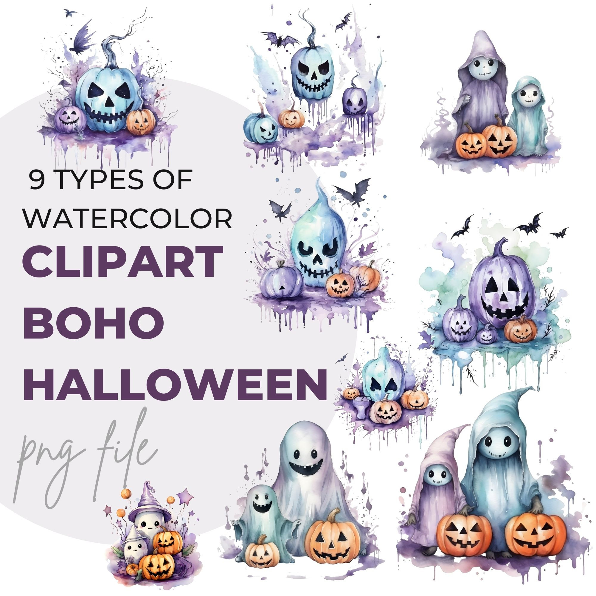 Watercolor Halloween Ghost Skull Pumpkin Clipart Bundle of 9 ...
