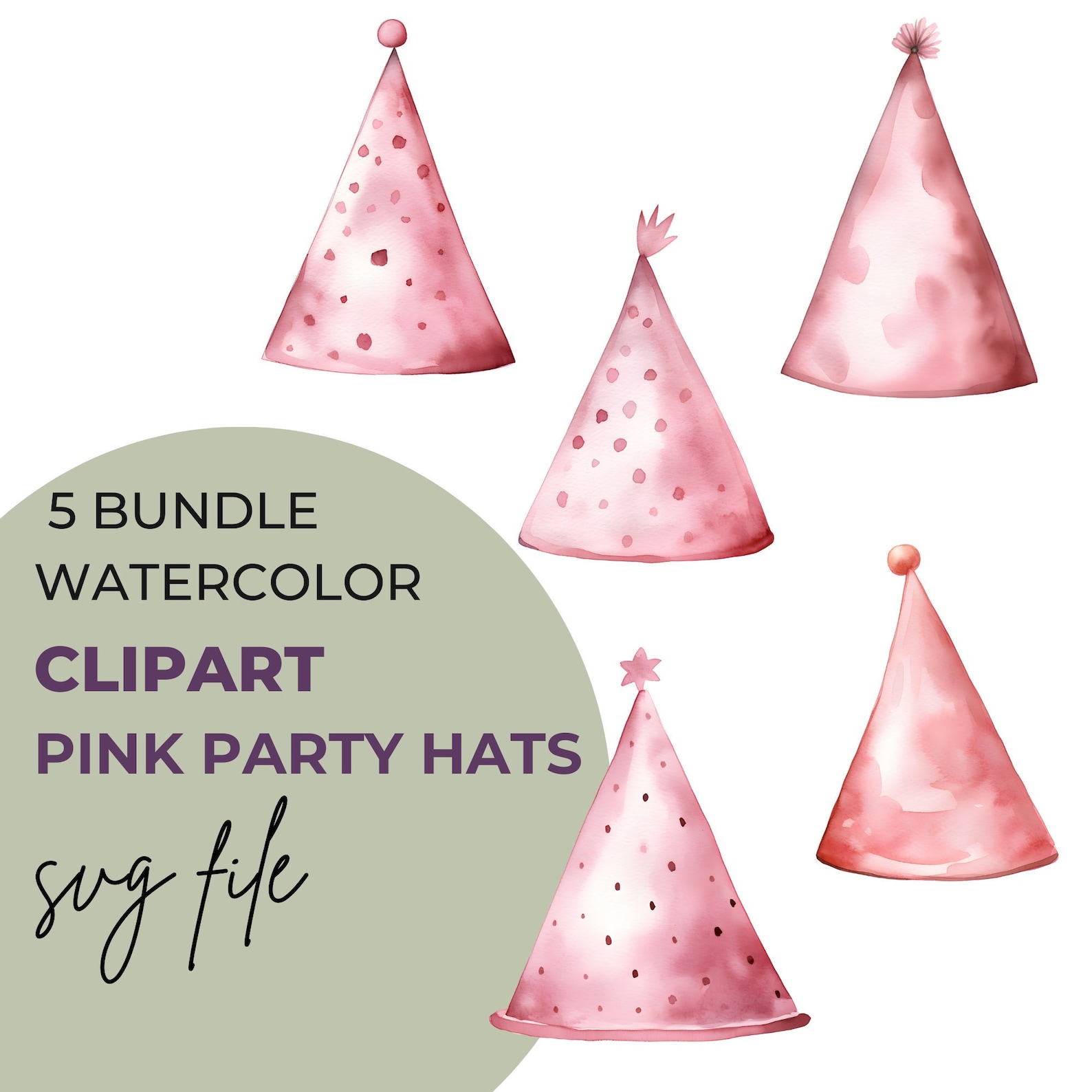 SVG Watercolor Birthday Party Hat Clipart Bundle of 5 Digital Download ...