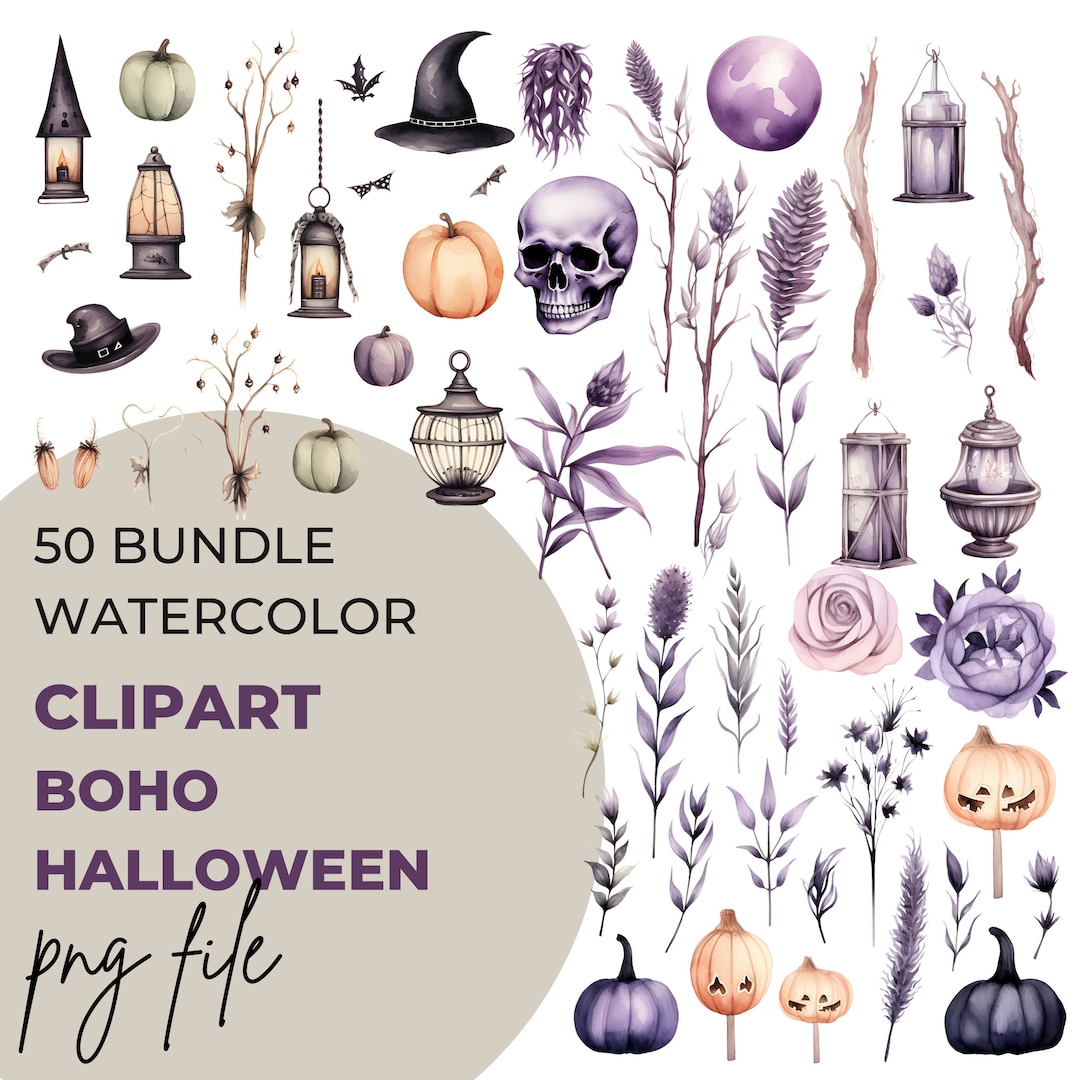 PNG Watercolor Halloween Clipart Bundle of 50 Pumpkin, Witch Hat ...