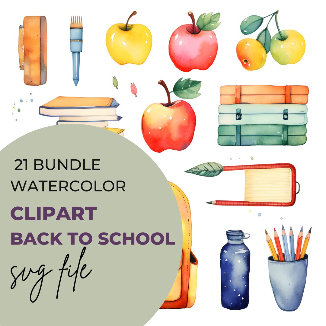 SVG Watercolor Clipart Bundle of 21 Back to School, Teacher ...