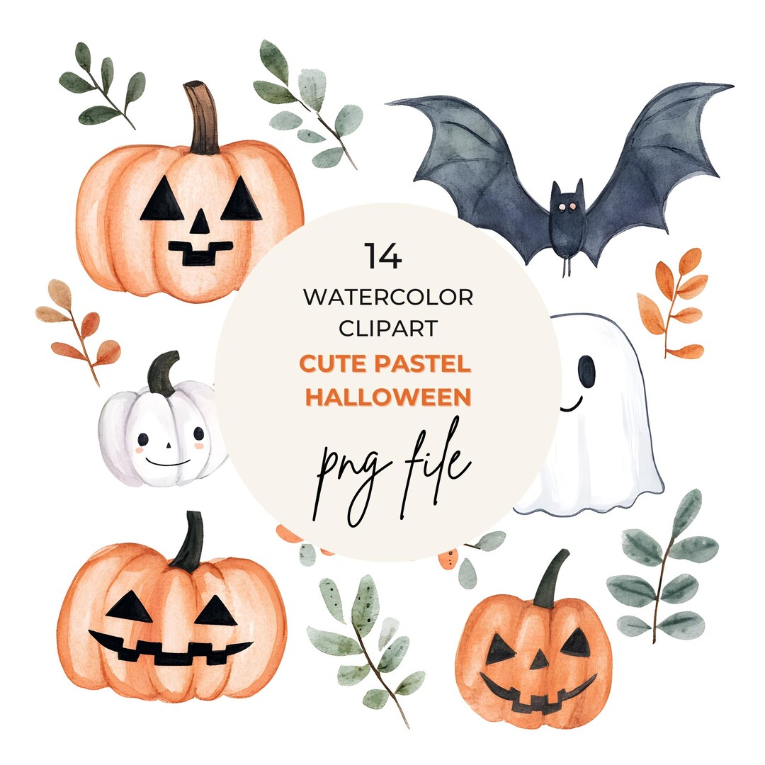 PNG Watercolor Halloween Clipart Bundle of 14 Pumpkin Transparent ...
