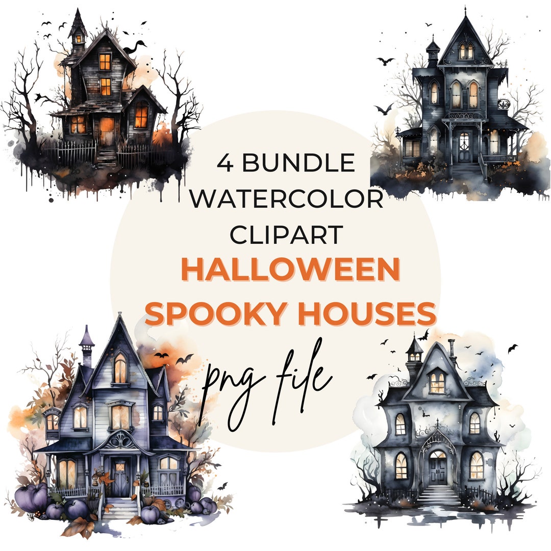 PNG Watercolor Halloween Spooky House Clipart Bundle of 4 Pumpkin ...
