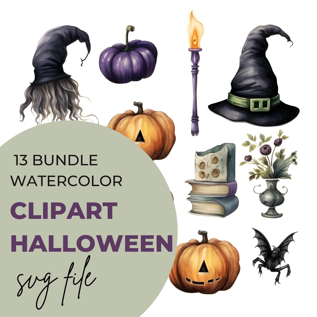 SVG Watercolor Halloween Clipart Bundle of 13 Pumpkin, Witch Hat ...