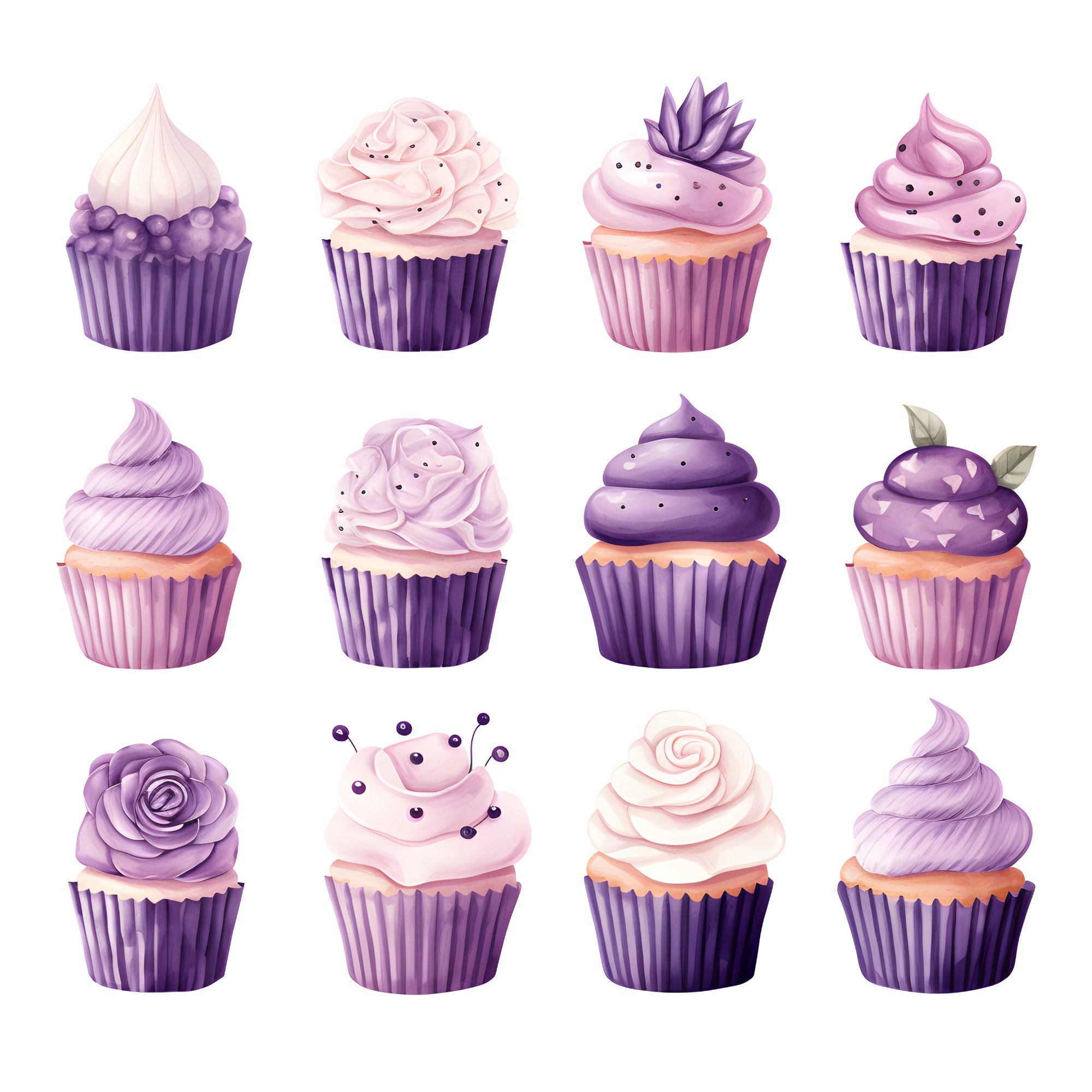 SVG Watercolor Dusty Purple Cupcake Clipart Mega Bundle of 50 Digital ...