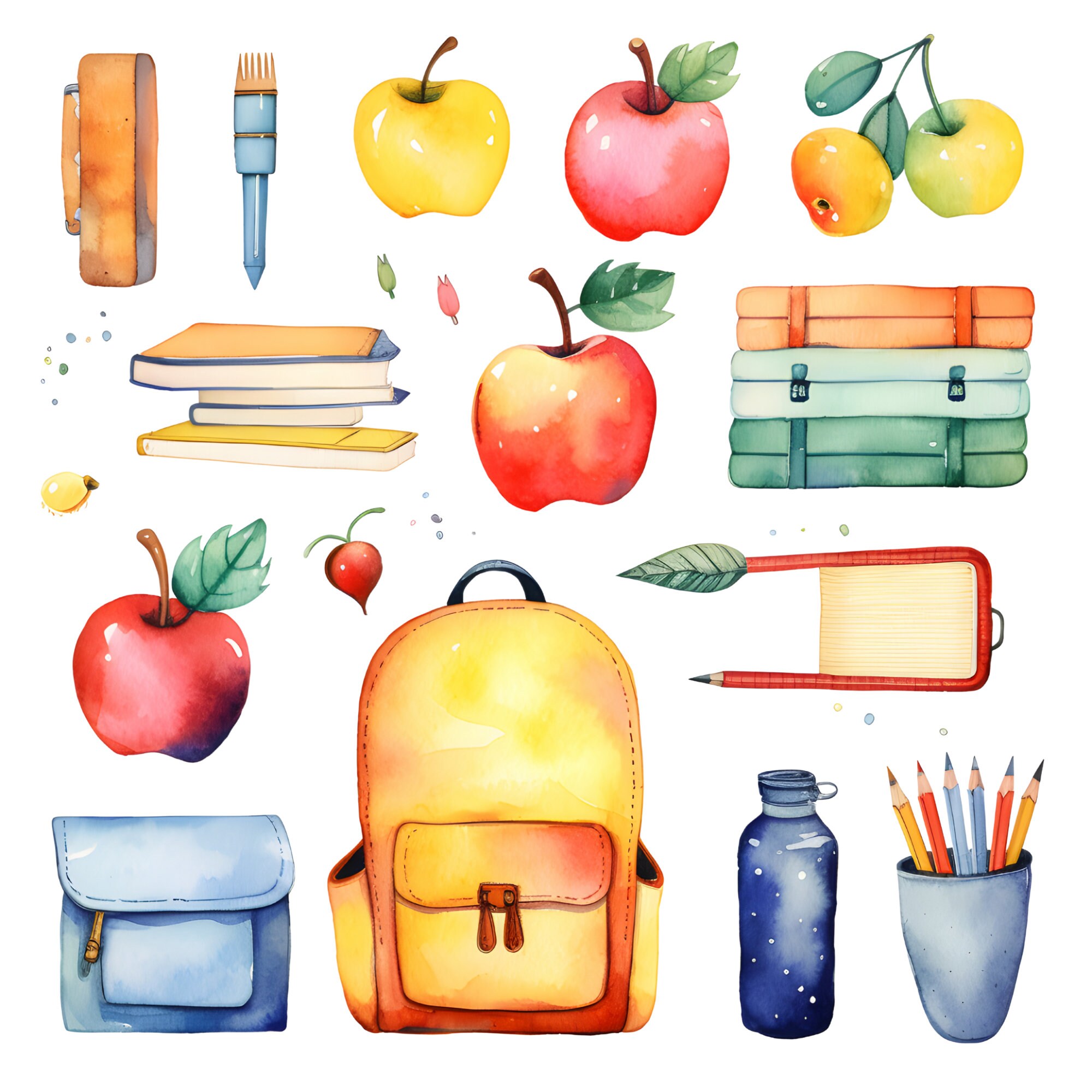 PNG Watercolor Clipart Bundle of 21 Back to School, Teacher ...