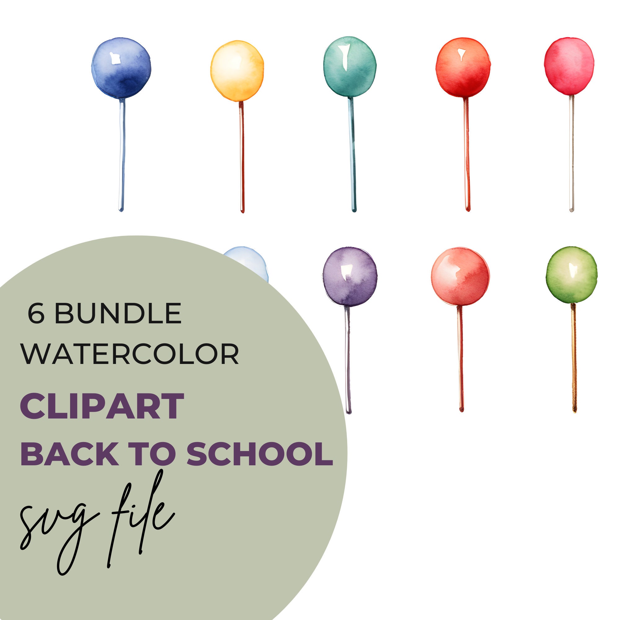 SVG Watercolor Clipart Bundle of 10 Push Pins Back to School, Teacher ...