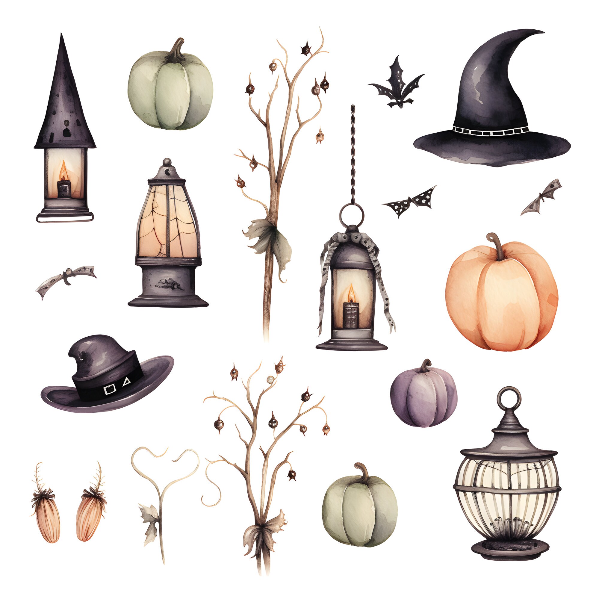 SVG Watercolor Halloween Clipart Bundle of 50 Pumpkin, Witch Hat ...