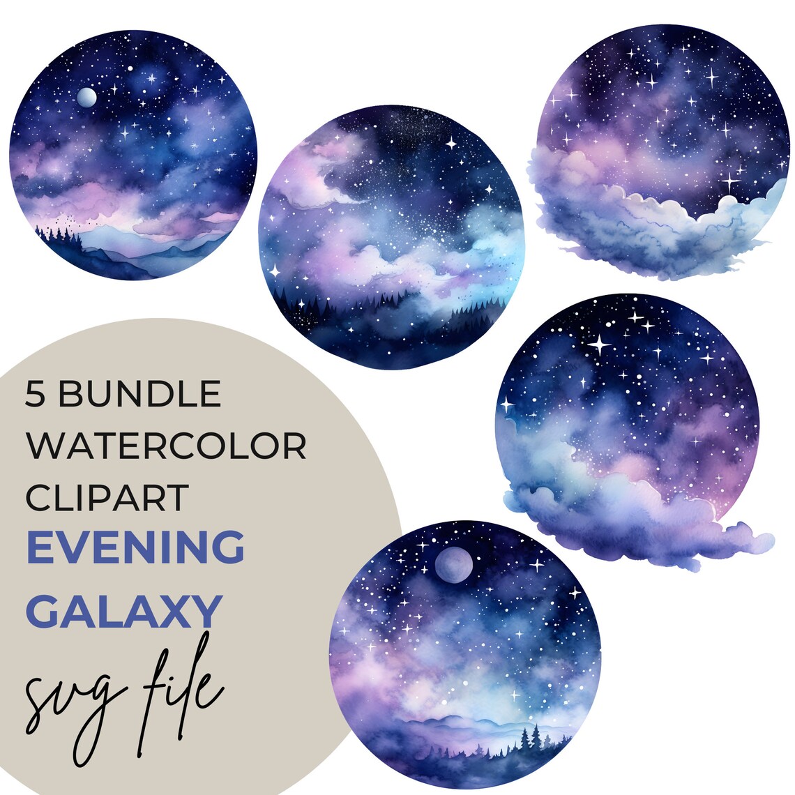 SVG Watercolor Galaxy Night Sky Moon Stars Clipart Bundle of 5 Digital ...