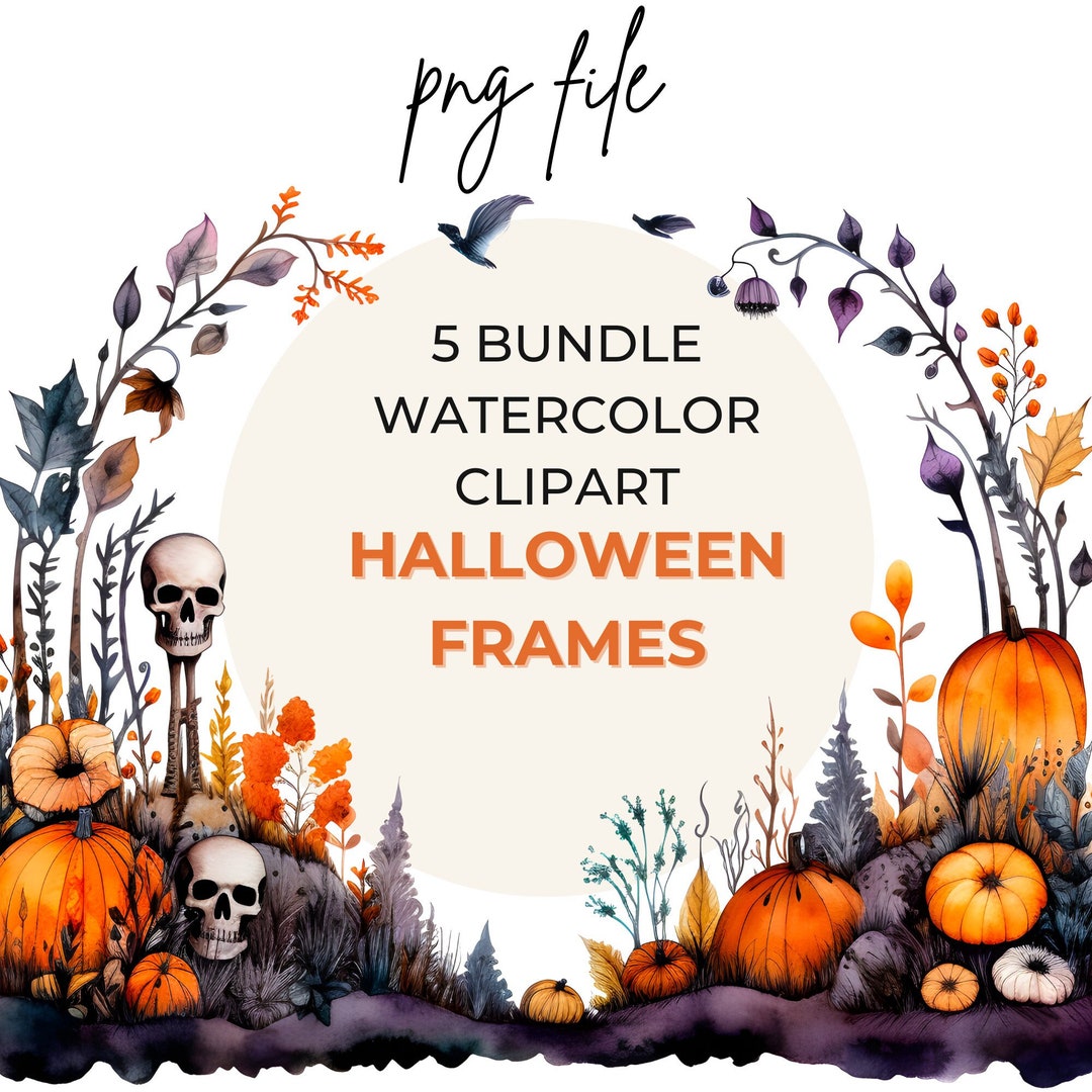 PNG Watercolor Halloween Border Clipart Bundle of 5 Pumpkin Transparent ...