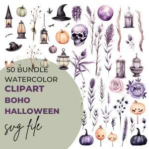SVG Watercolor Halloween Clipart Bundle of 50 Pumpkin, Witch Hat ...