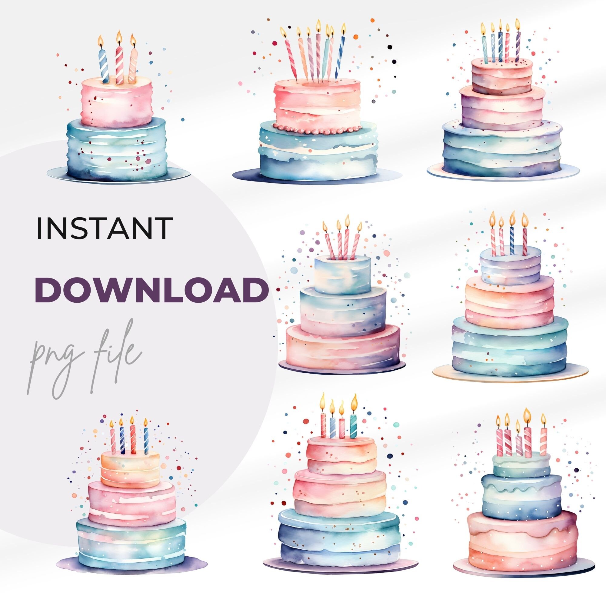 Watercolor Birthday Party Cake Clipart Bundle of 8 Digital Download PNG ...