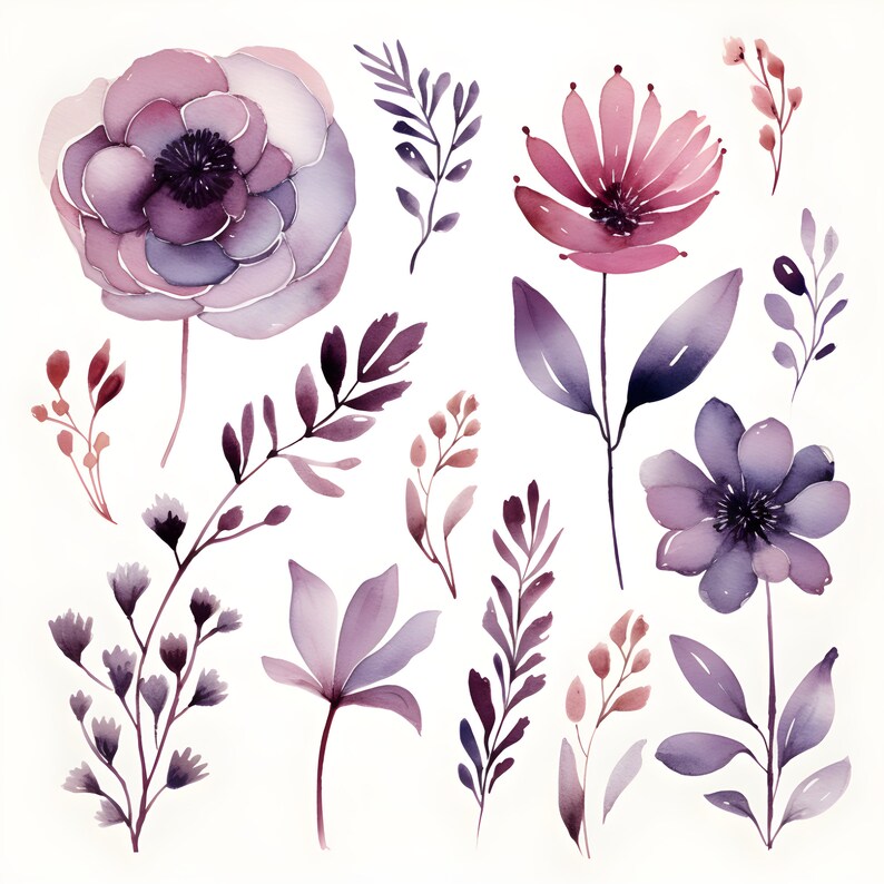 PNG Watercolor Dusty Purple Boho Flowers Clipart Bundle of 50 - Etsy