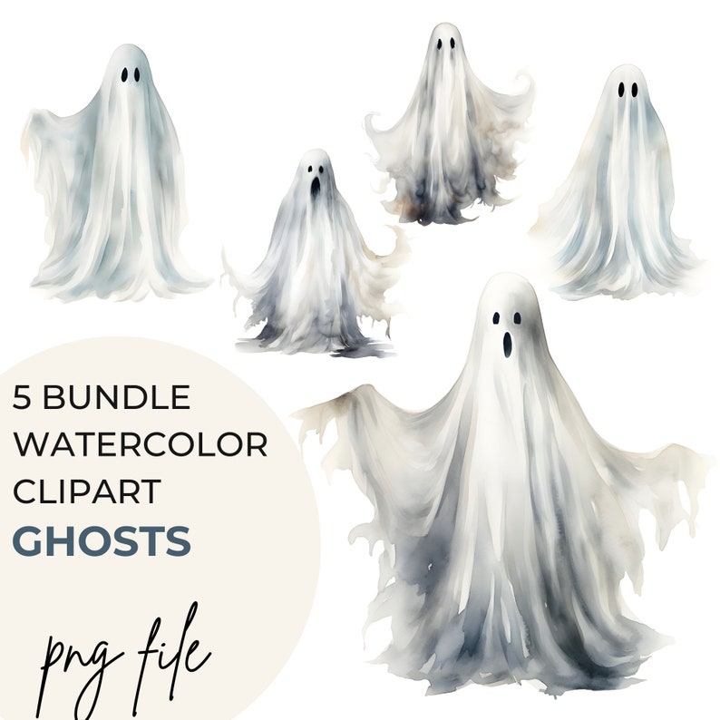 PNG Watercolor Halloween Clipart Bundle of 5 Ghosts Transparent ...