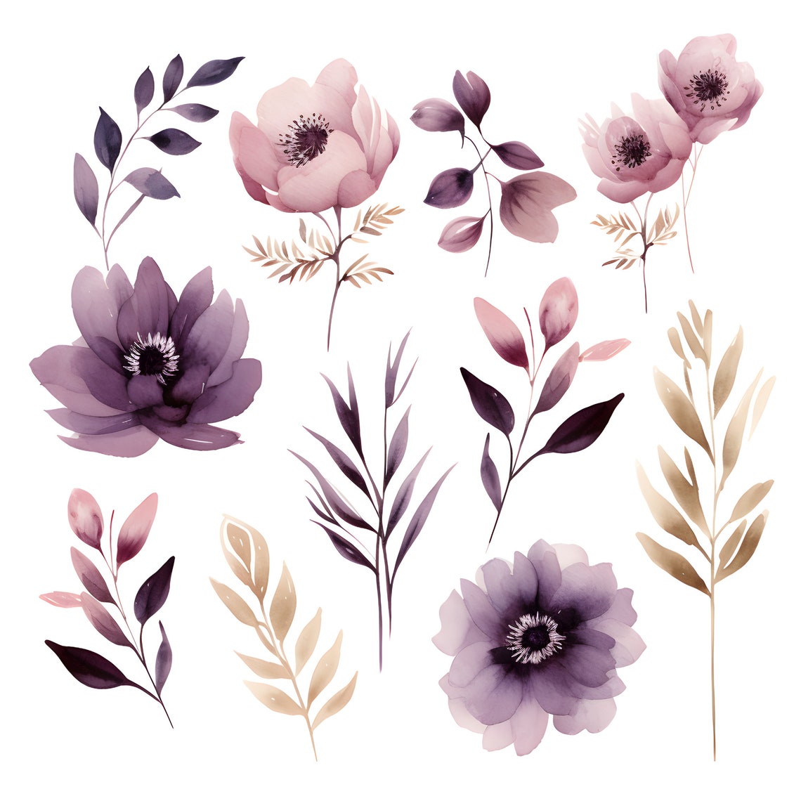 PNG Watercolor Dusty Purple Boho Flowers Clipart Bundle of 50 Digital ...