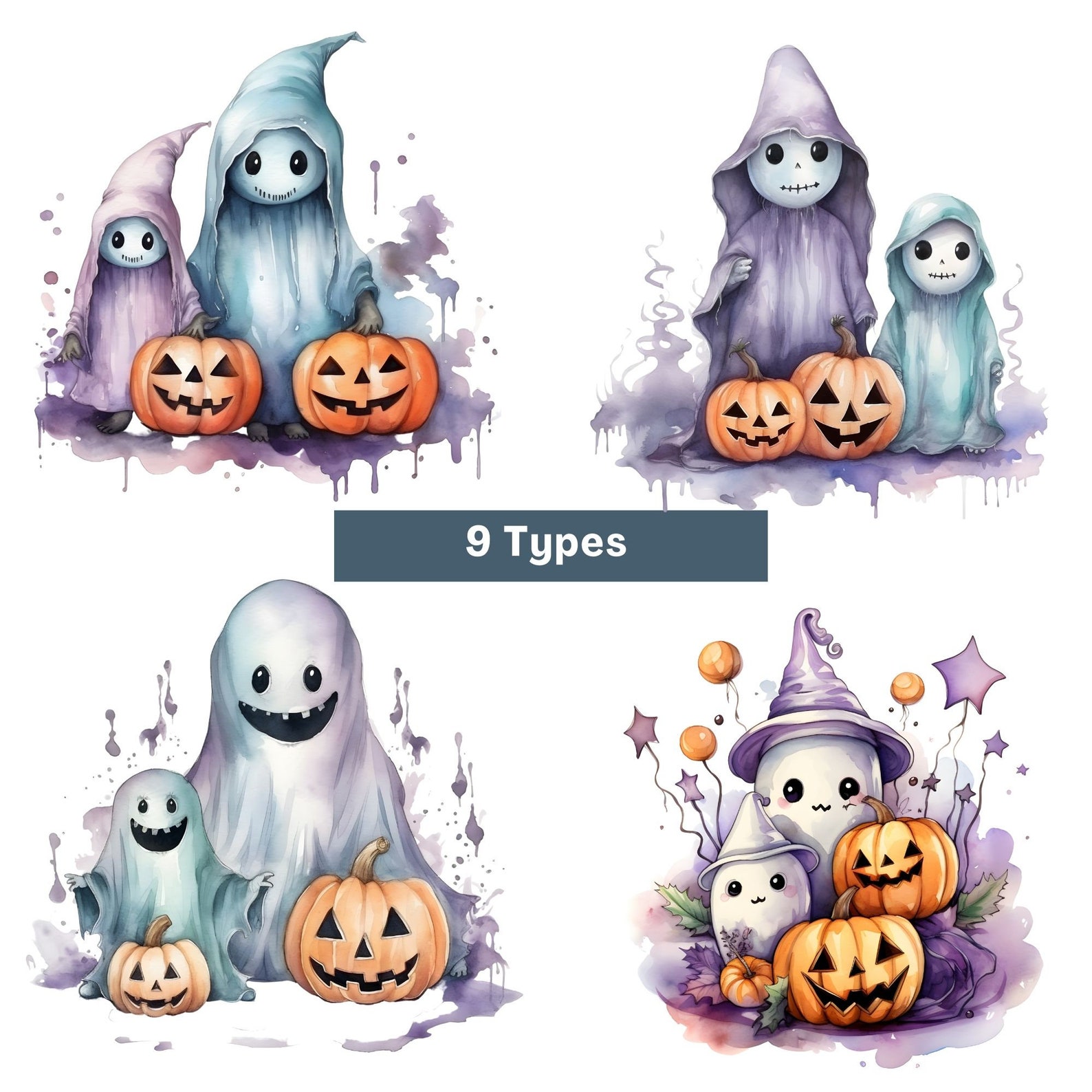 Watercolor Halloween Ghost Skull Pumpkin Clipart Bundle of 9 - Etsy