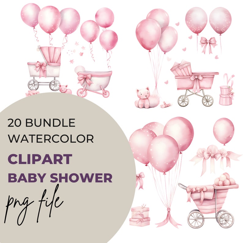 PNG Watercolor Pink Baby Shower Clipart Bundle of 20 Digital - Etsy