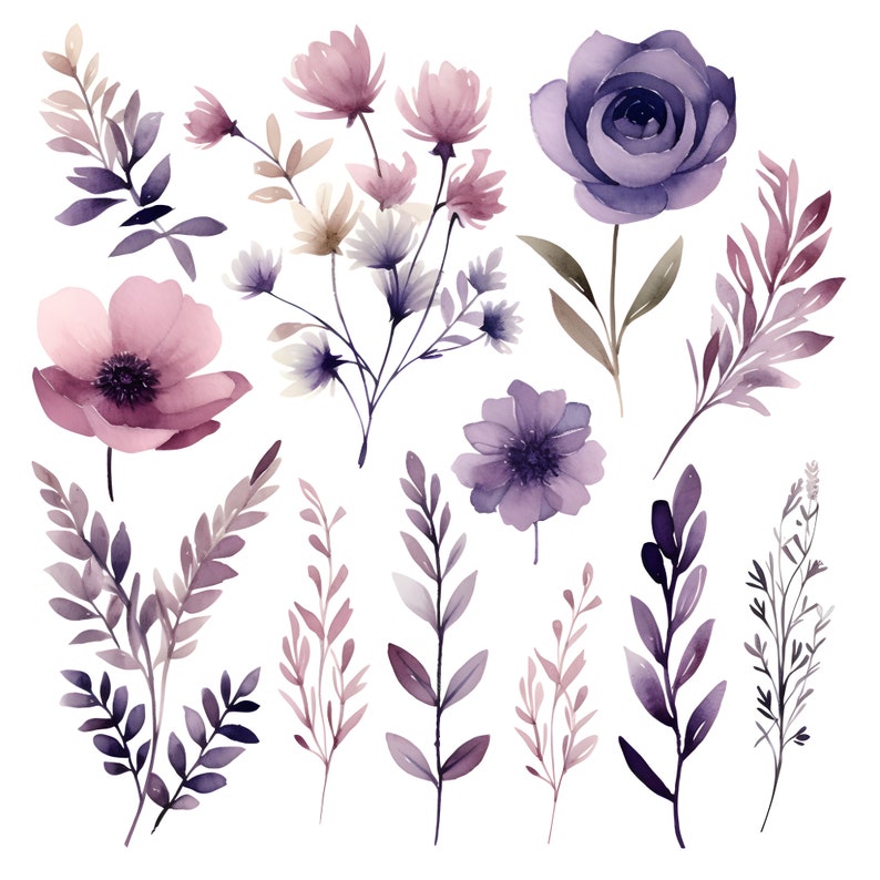 PNG Watercolor Dusty Purple Boho Flowers Clipart Bundle of 50 - Etsy
