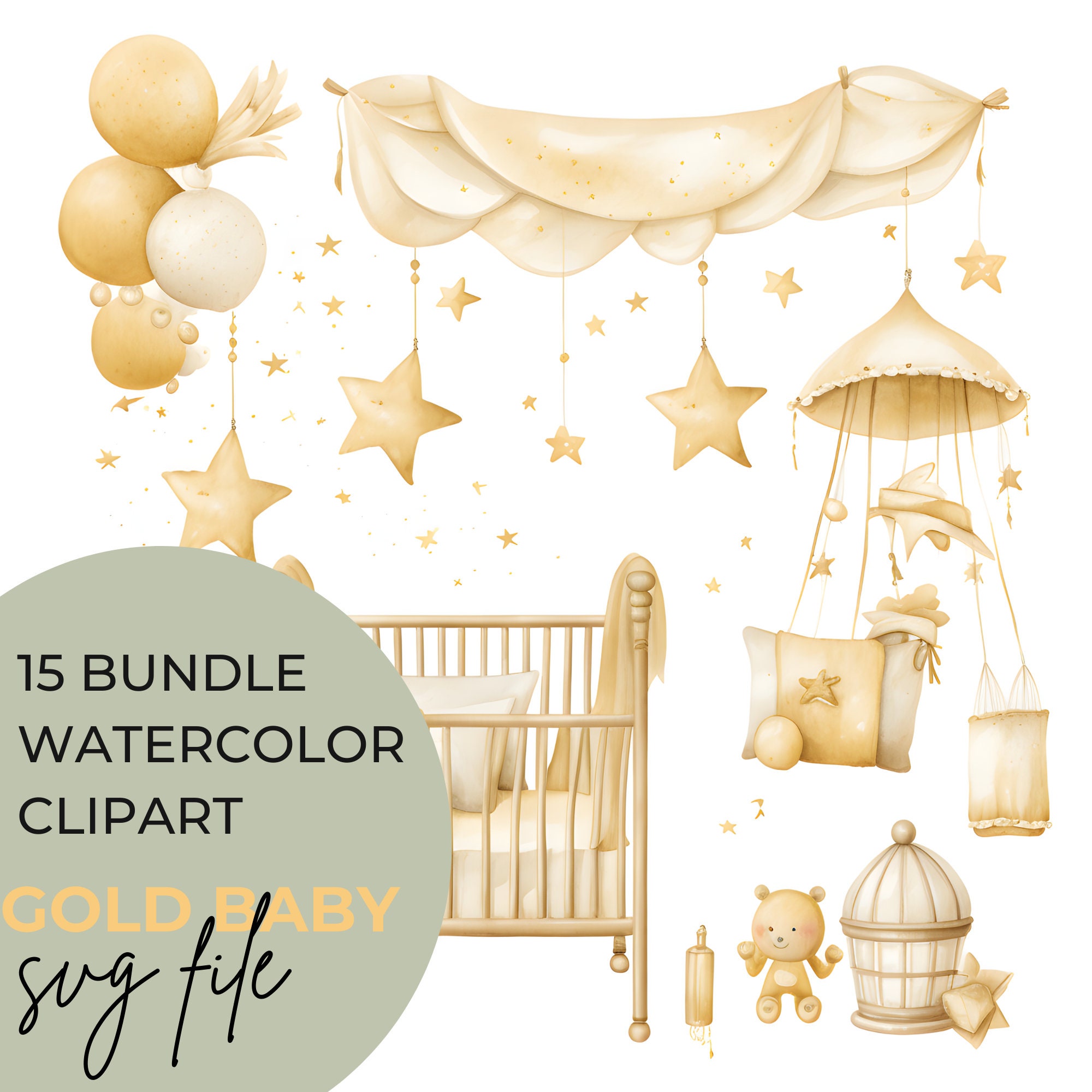 SVG Watercolor Gold Baby Shower Clipart Bundle of 15 Digital Download ...