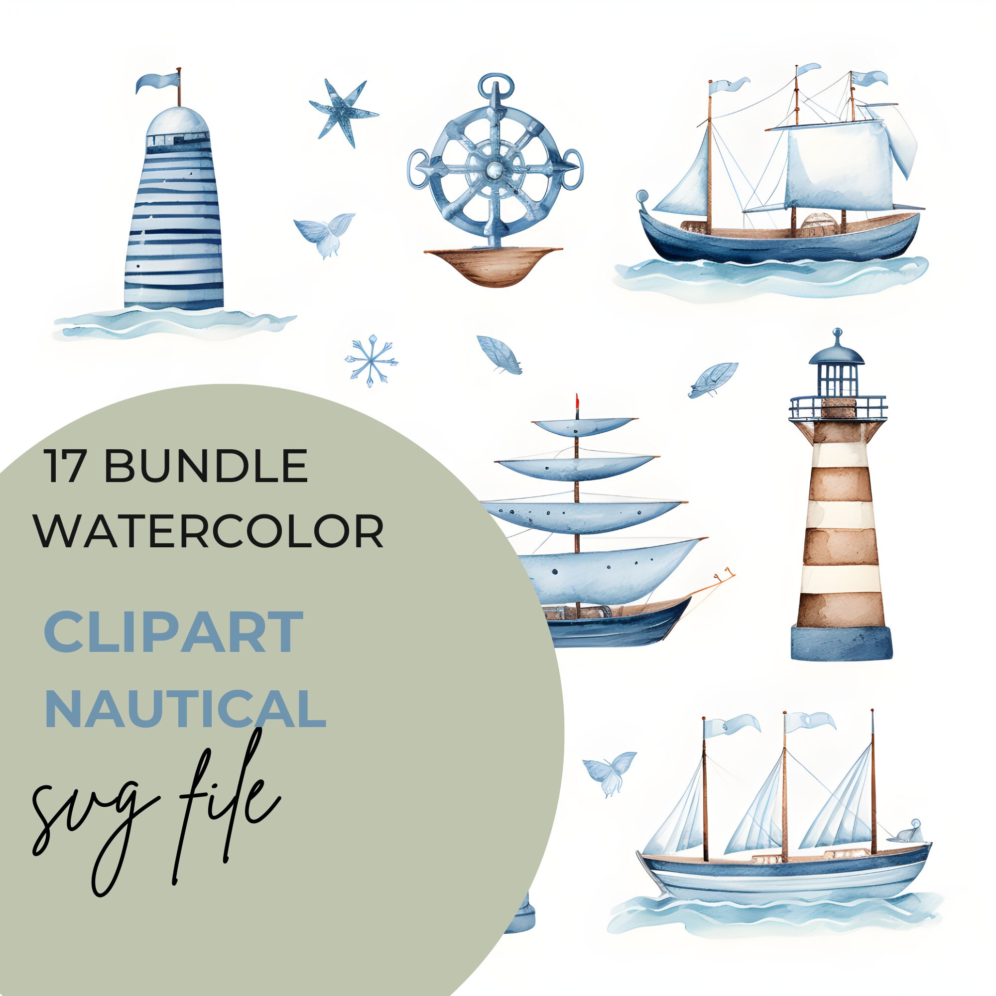 SVG Watercolor Nautical Ocean Clipart Bundle of 17 Digital Download ...