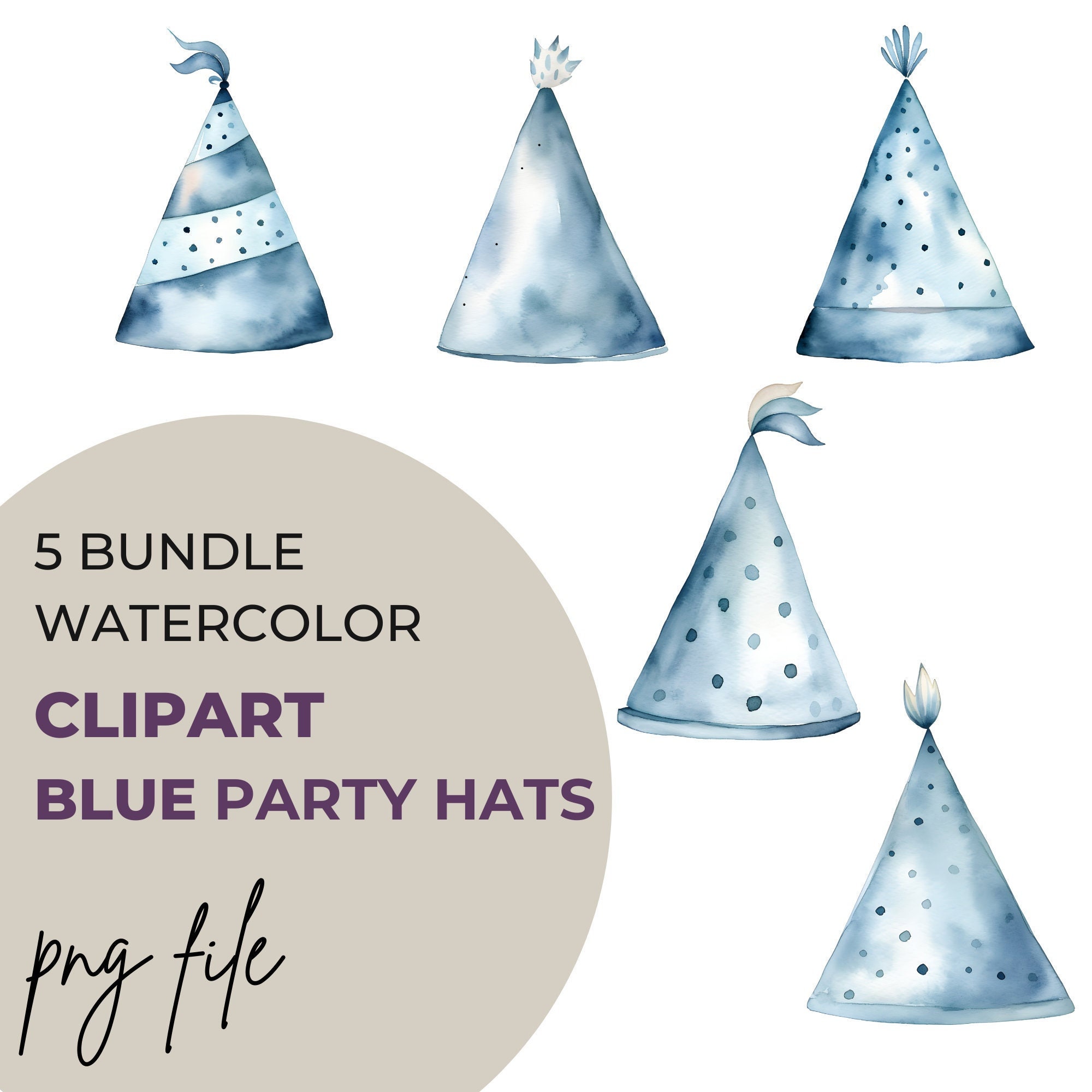 PNG Watercolor Birthday Party Hat Clipart Bundle of 5 Digital Download ...