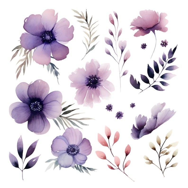 PNG Watercolor Dusty Purple Boho Flowers Clipart Bundle of 50 - Etsy