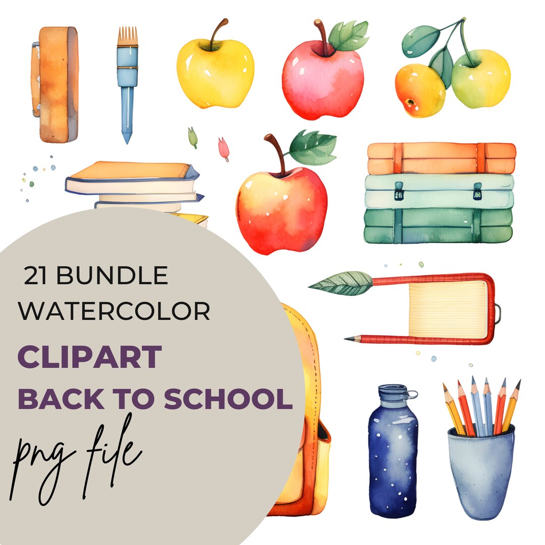 PNG Watercolor Clipart Bundle of 21 Back to School, Teacher ...
