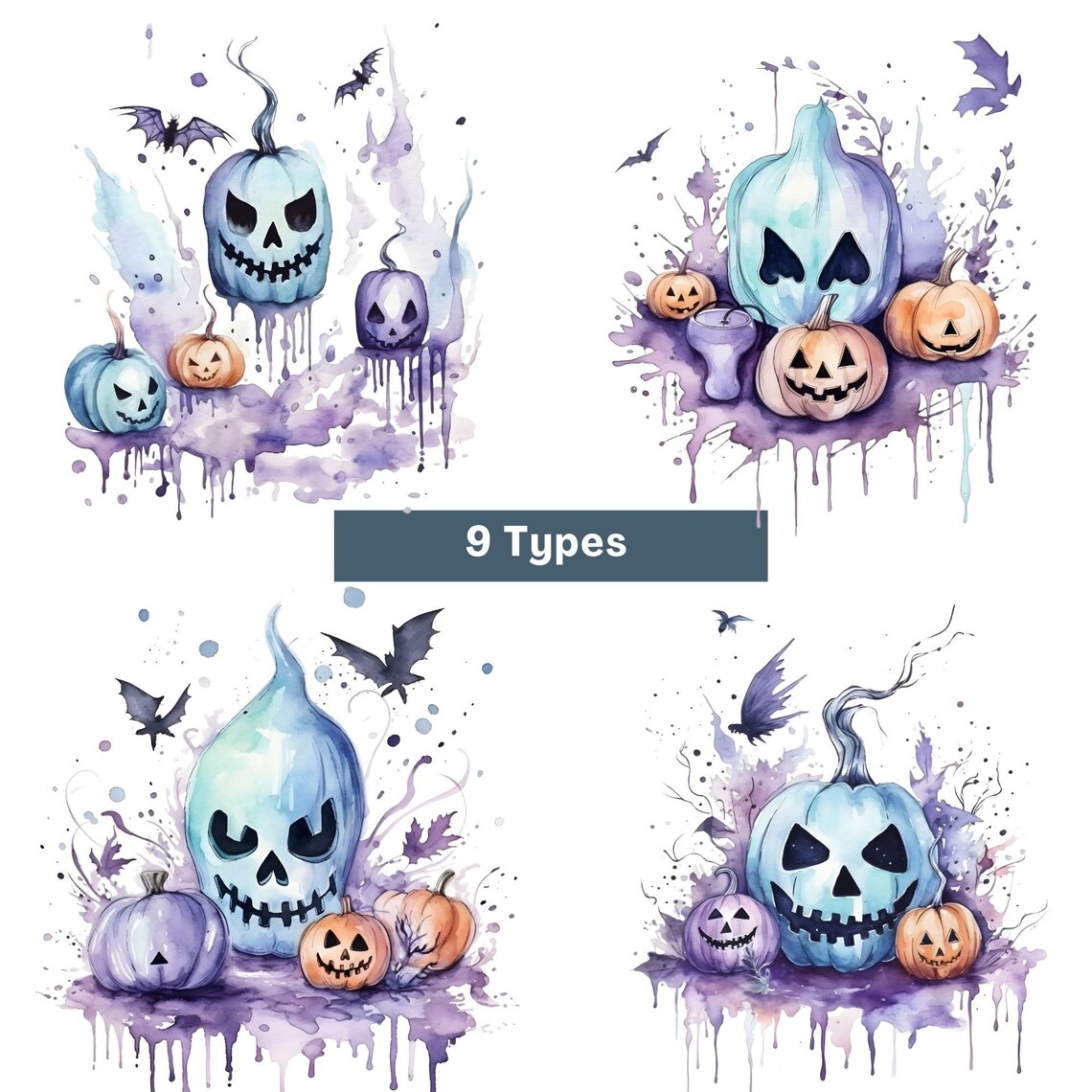 Watercolor Halloween Ghost Skull Pumpkin Clipart Bundle Of 9 Etsy