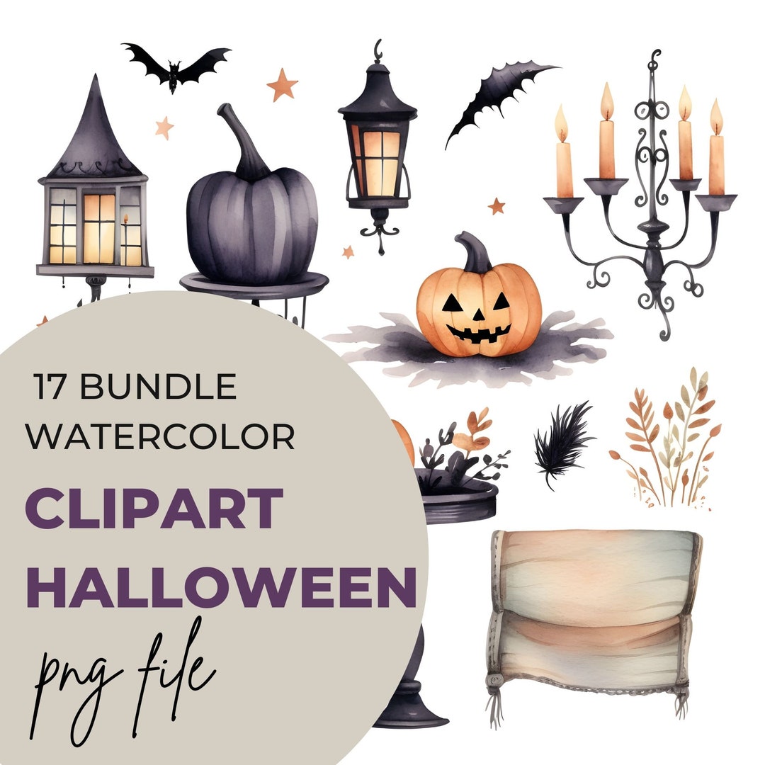 PNG Watercolor Halloween Clipart Bundle of 17 Pumpkin, Witch Hat ...