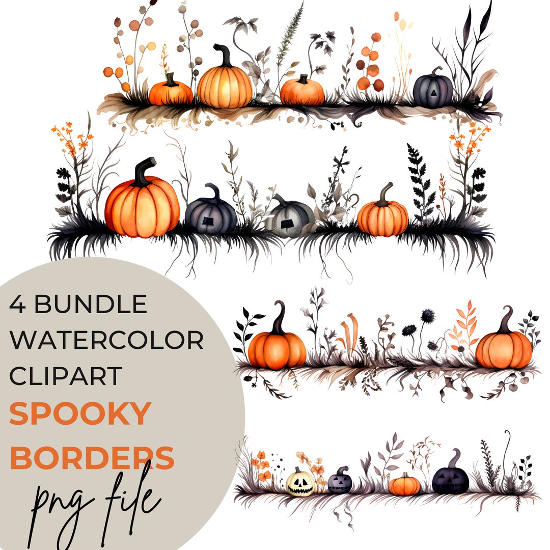 PNG Watercolor Halloween Border Clipart Bundle of 4 Pumpkin Transparent ...