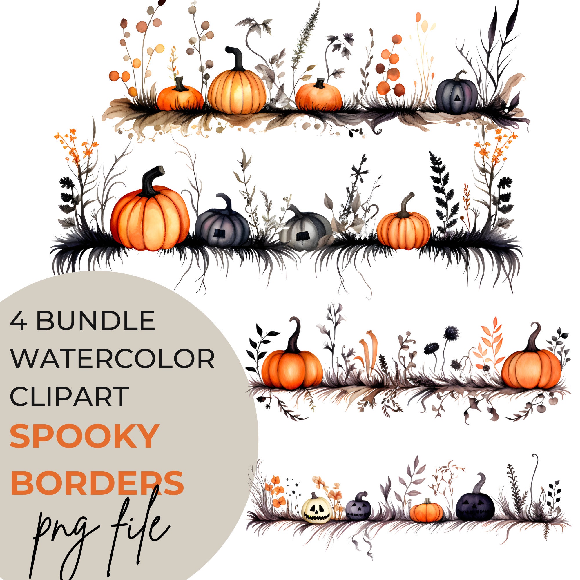 PNG Watercolor Halloween Border Clipart Bundle of 4 Pumpkin - Etsy