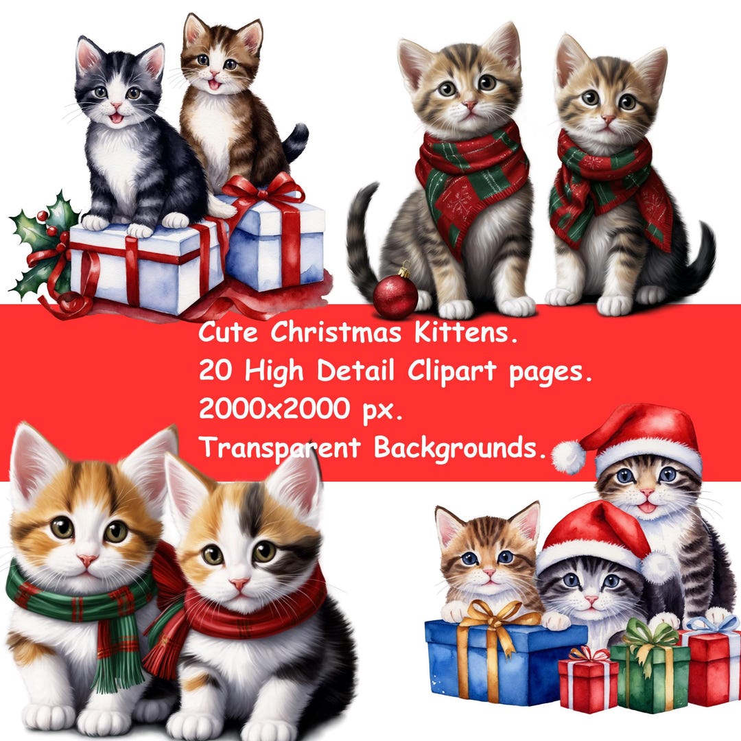 Christmas Kittens, Clipart PNG, Cute Holiday Cats, Xmas Cat ...