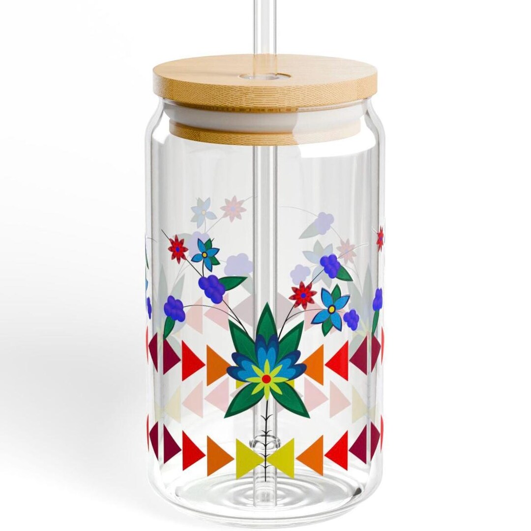 Indigenous Glass Can With Bamboo Lid and Plastic Straw, Native Owned ...