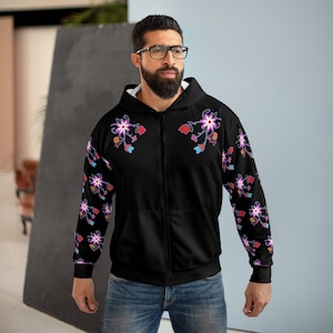 Indigenous Floral Zip Hoodie: Sleeve Detail Jacket, First Nation Flower ...